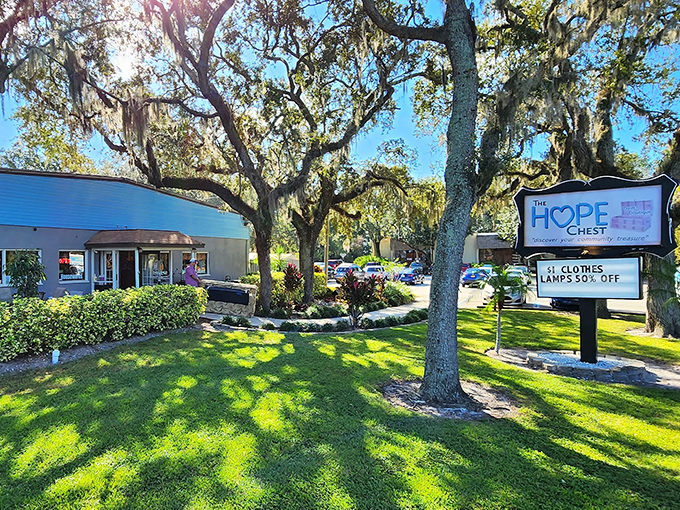 The HOPE Chest welcomes bargain hunters with its cheerful red exterior and Spanish moss-draped oaks, like Florida's version of retail therapy paradise.