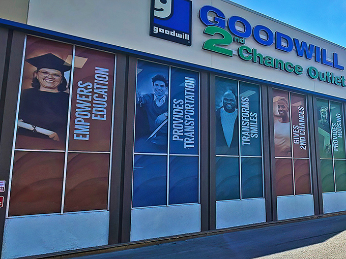 The blue and green signage of Goodwill's 2nd Chance Outlet promises more than bargains&mdash;it offers retail redemption for items seeking new homes.