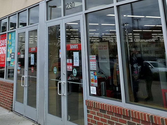 The unassuming entrance to bargain paradise. Behind these doors, retail therapy costs less than actual therapy.