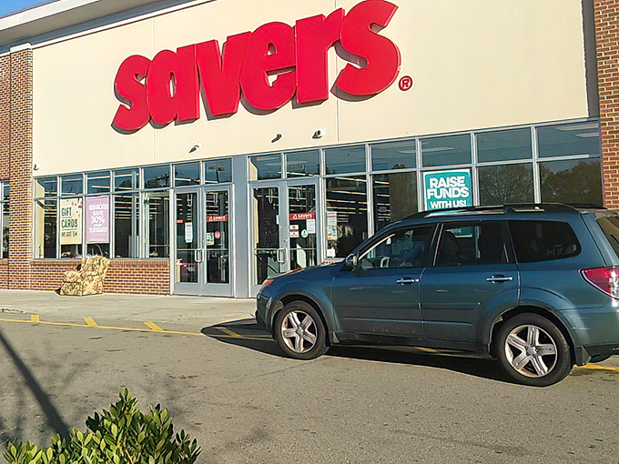 The unassuming entrance to bargain paradise. Behind these doors, retail therapy costs less than actual therapy.