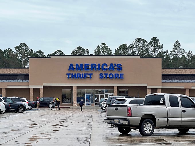 The iconic blue signage of America's Thrift Store beckons bargain hunters like a retail lighthouse guiding ships to treasure-filled shores.