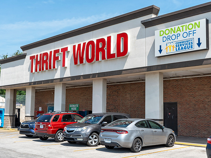The bright red Thrift World sign beckons like a lighthouse for bargain hunters. "Shop early. Shop often. SAVE BIG!" isn't just a slogan&mdash;it's a lifestyle manifesto.