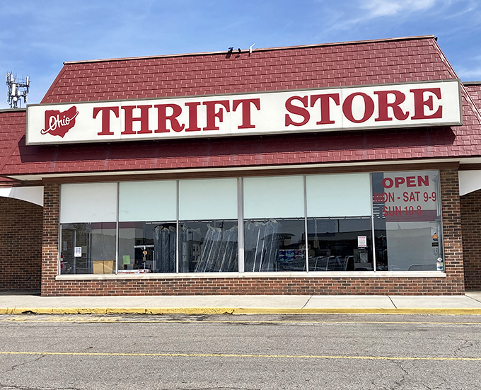 The iconic red roof of Ohio Thrift Store beckons like a lighthouse for bargain hunters. This Columbus landmark promises treasures waiting to be discovered inside.