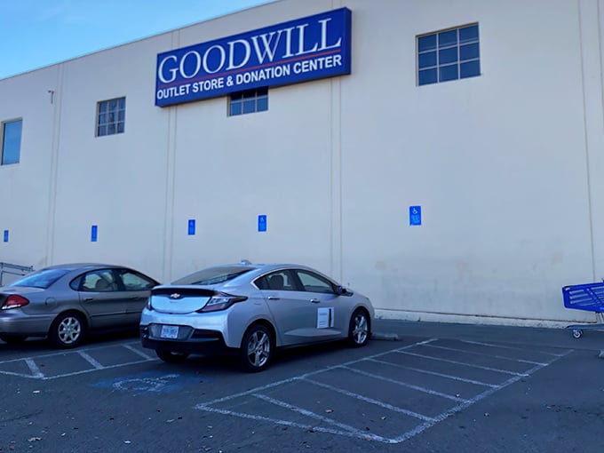 The unassuming exterior of bargain paradise. Like a treasure chest, it's what's inside that counts at this Goodwill Outlet Store in Milwaukie.