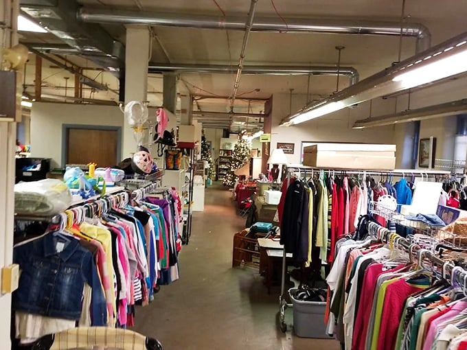 Racks upon racks of clothing stretch into the distance like a textile forest. This treasure hunter's paradise offers endless possibilities for the patient shopper.