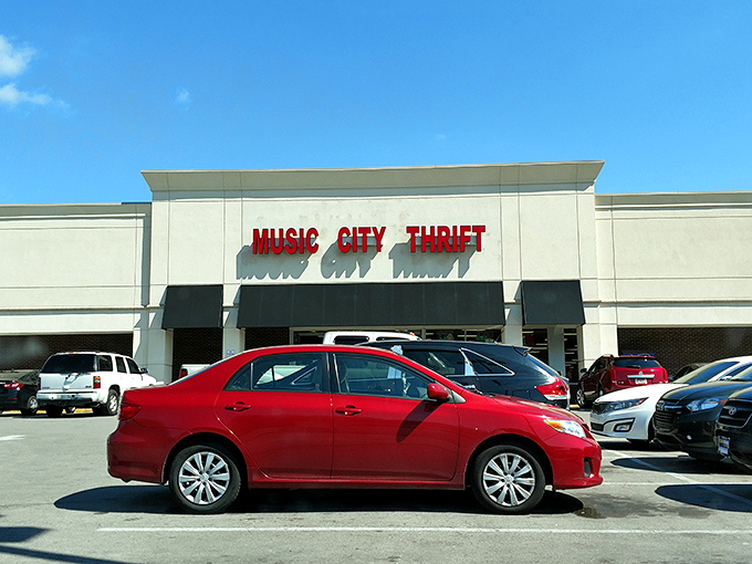 The red block letters beckon like a siren song to bargain hunters. Welcome to Music City Thrift, where Nashville's fashion treasures await discovery.