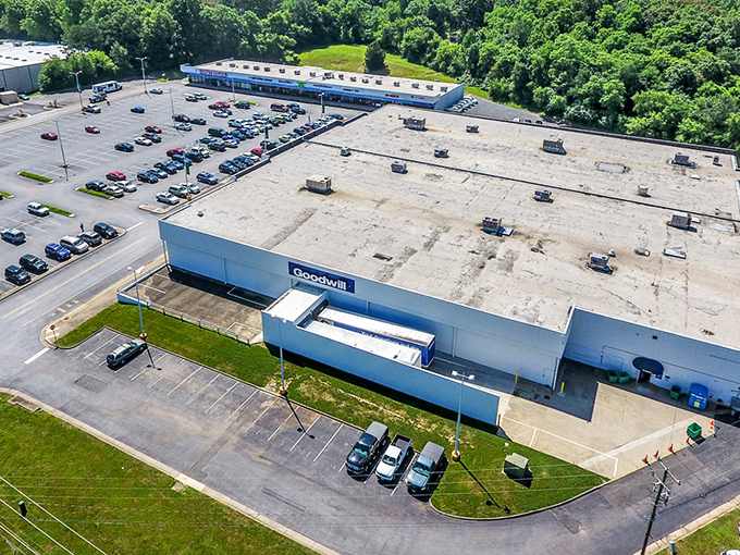 The unassuming exterior belies the treasure trove within. Like a Vegas casino, this Goodwill Outlet keeps its best secrets hidden behind a modest facade.