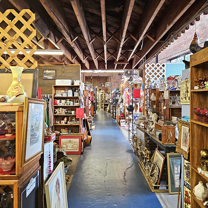 Treasure hunters paradise! Long aisles flanked by wooden shelves create the perfect labyrinth for discovering forgotten gems and memories waiting to be reclaimed.