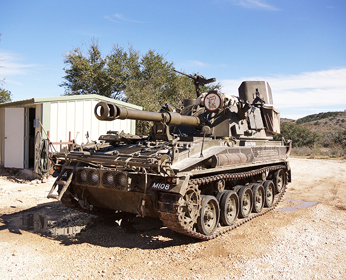 This British self-propelled artillery piece isn't your typical Texas ride. Imagine commanding this 32-ton beast across the rugged Hill Country terrain.