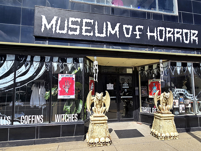 The entrance to Monroe's Museum of Horror welcomes the brave with menacing gargoyles and promises of coffins and witches. Your mother warned you about places like this!