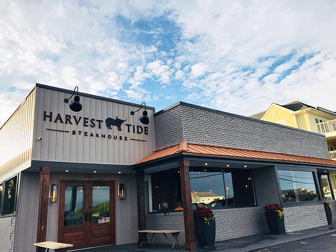 The sign beckons like a lighthouse for hungry souls. At night, Harvest Tide transforms from restaurant to culinary destination worth the pilgrimage.