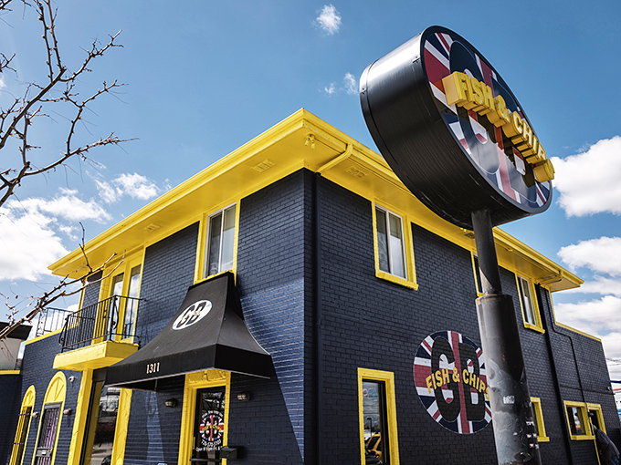 The unmistakable blue exterior with Union Jack logos announces GB Fish & Chips like a British embassy on Colorado soil. Fish diplomacy at its finest!