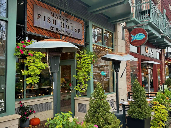 The iconic blue fish sign beckons seafood lovers like a lighthouse for the landlocked. A maritime oasis on Massachusetts Street.