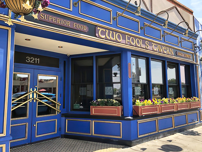 The blue facade of Two Fools Tavern stands out like a Celtic oasis in Albuquerque's Nob Hill, complete with flags announcing its Irish heritage.