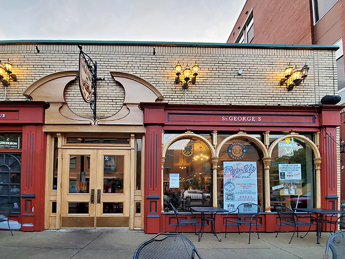 The iconic red facade of Three Lions Pub beckons like a British embassy on Wisconsin soil, promising authentic flavors and football matches on the telly.