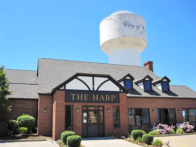 The Harp stands proudly against Cleveland's skyline, its Tudor-style charm and brick exterior promising Irish comfort beneath the city's iconic water tower.