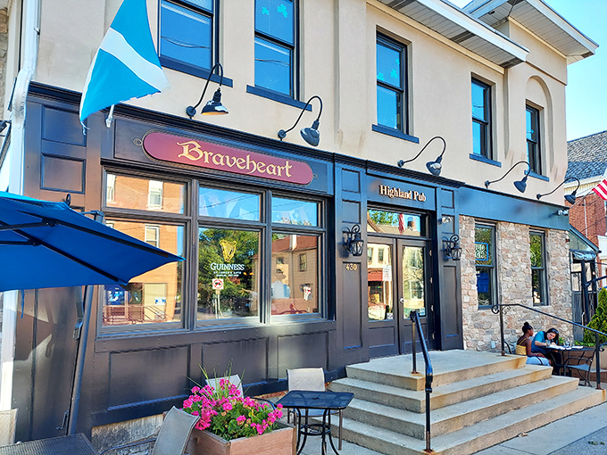 The stately facade of Braveheart Highland Pub stands proudly on Hellertown's Main Street, a slice of Scotland that somehow found its way to Pennsylvania.