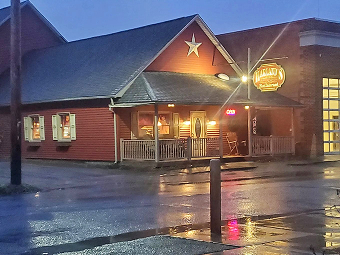 Winter transforms Harland's into a postcard-perfect scene, where that iconic white star promises warmth and comfort food just beyond the red siding.