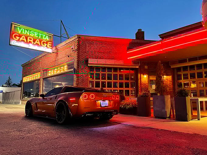 The classic service station facade of Vinsetta Garage stands as a monument to Detroit's automotive past while promising culinary delights within.