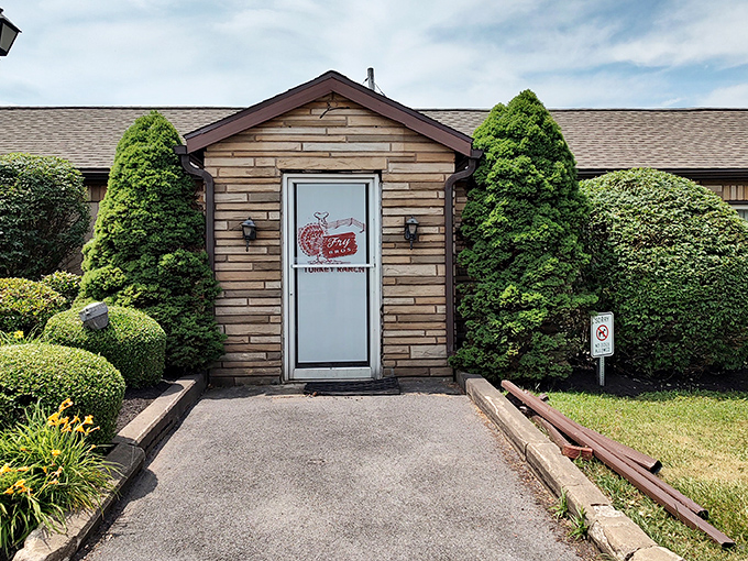 The modern facade of Fry Bros Turkey Ranch welcomes hungry travelers like a beacon of comfort food hope in rural Pennsylvania.