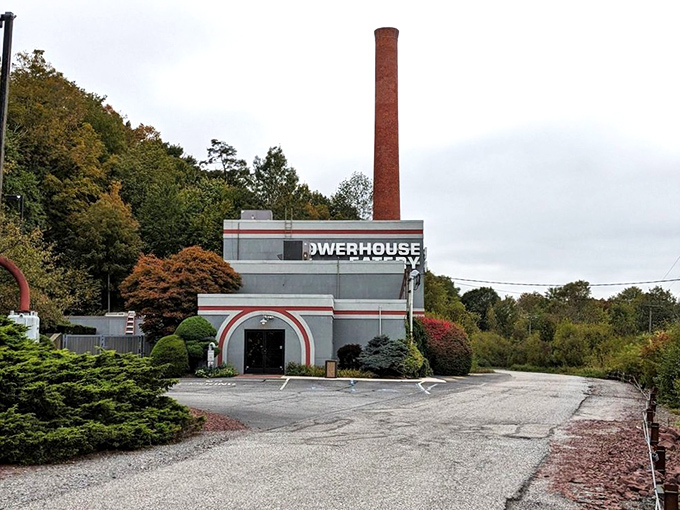 The iconic smokestack stands sentinel over this former electric plant, now generating culinary power instead of the electrical kind.