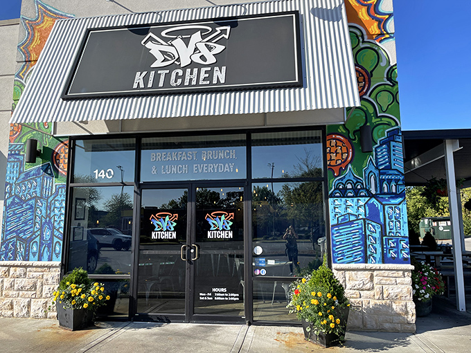 The colorful exterior of DV8 Kitchen isn't just eye-catching—it's a promise that what awaits inside breaks deliciously from the ordinary breakfast routine.