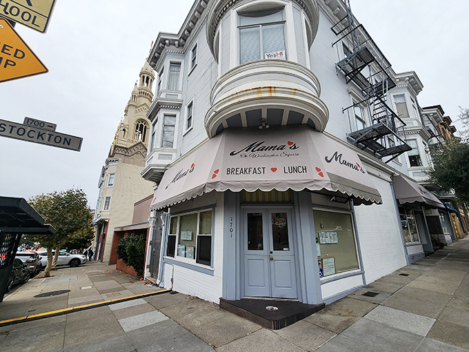 The corner that launched a thousand breakfast dreams. Mama's iconic white facade and striped awning have been beckoning hungry San Franciscans for generations.