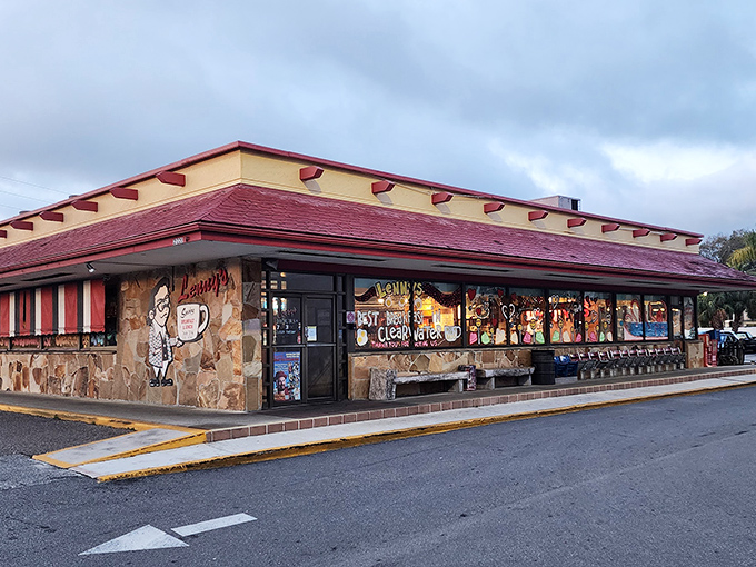 The unassuming exterior of Lenny's Restaurant in Clearwater hides culinary treasures within. That red-trimmed awning might as well be a superhero cape.