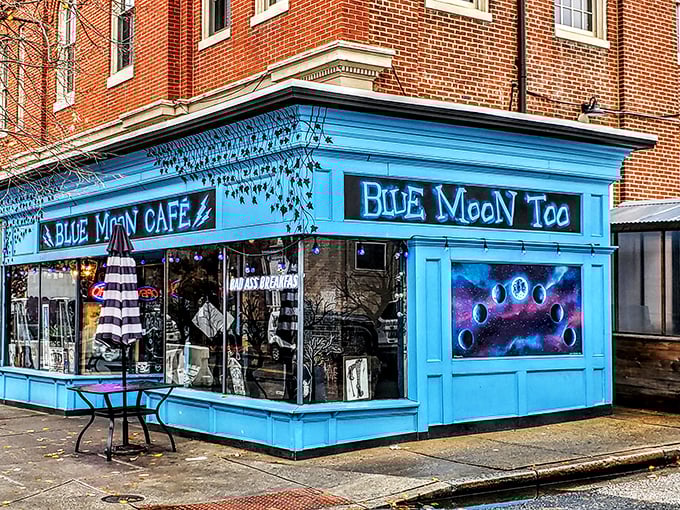 The unmistakable blue facade of Blue Moon Too stands out like a cosmic beacon in Baltimore's Fell's Point, promising breakfast adventures beyond the ordinary.