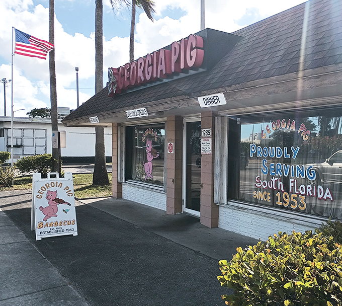 The time capsule of Florida barbecue stands proudly on State Road 7, its cartoon pig mascot welcoming hungry travelers since the Eisenhower administration.