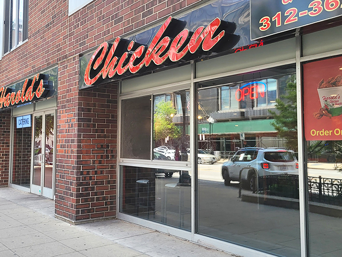 The iconic red signage of Harold's Chicken beckons like a lighthouse for the fried-food faithful. Even fancy cars stop for this South Side treasure.