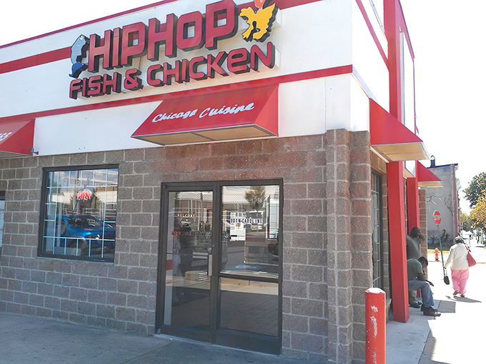 The red and white exterior of Hip Hop Fish & Chicken stands out like a beacon of fried goodness on Baltimore's landscape. Culinary treasures await inside!