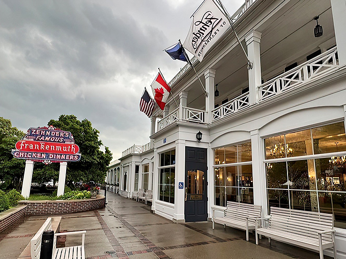 The grand white colonial facade of Zehnder's stands like a Southern mansion that somehow landed in Michigan's Little Bavaria. Chicken paradise awaits!
