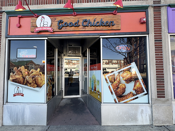 The bright red storefront of Good Chicken beckons like a lighthouse for the hungry, promising crispy salvation on Bloomfield Avenue in Montclair.