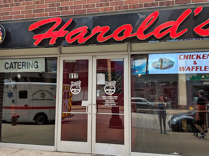 The iconic red signage of Harold's Chicken beckons like a lighthouse for the fried-food faithful. Even fancy cars stop for this South Side treasure.