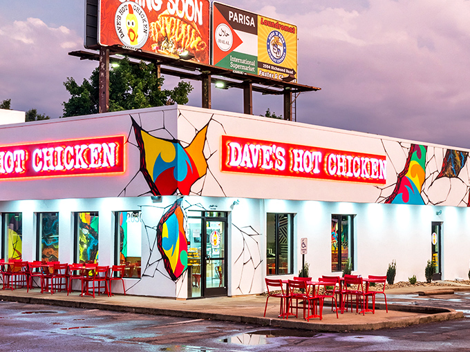 The neon glow of Dave's Hot Chicken beckons heat-seekers like a spicy lighthouse guiding hungry sailors home to crispy, fiery salvation.