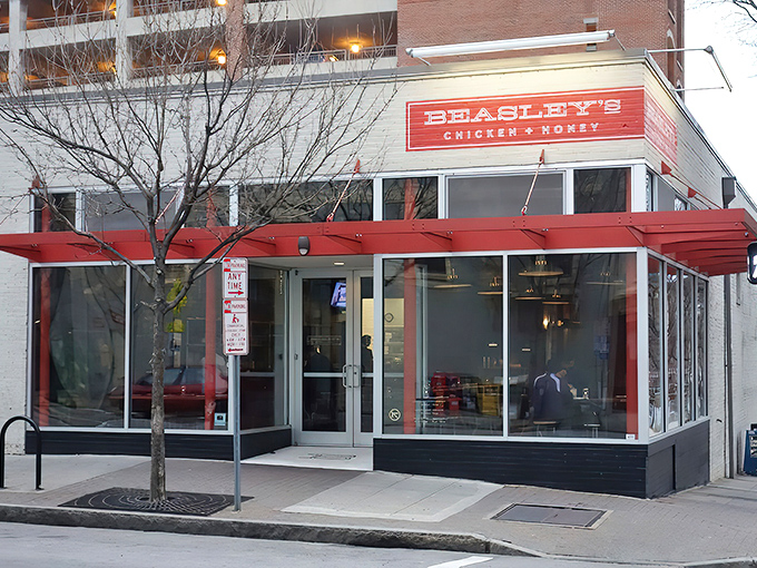 The iconic red signage against white brick announces your arrival at Beasley's &ndash; like a beacon calling all fried chicken pilgrims home. 