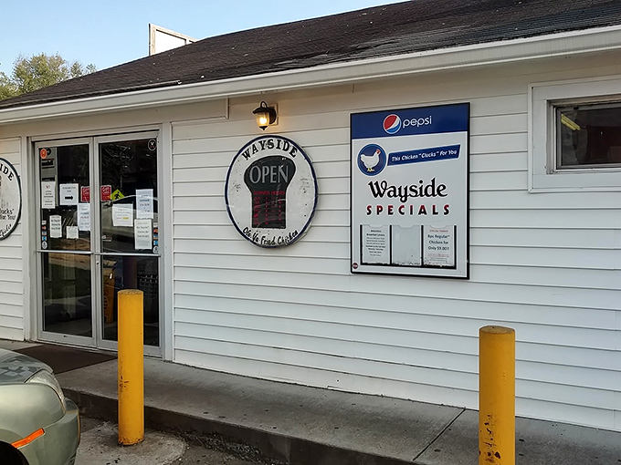 The humble white exterior with its confident chicken logo promises one thing: authentic Southern fried chicken that needs no fancy frills to impress. 