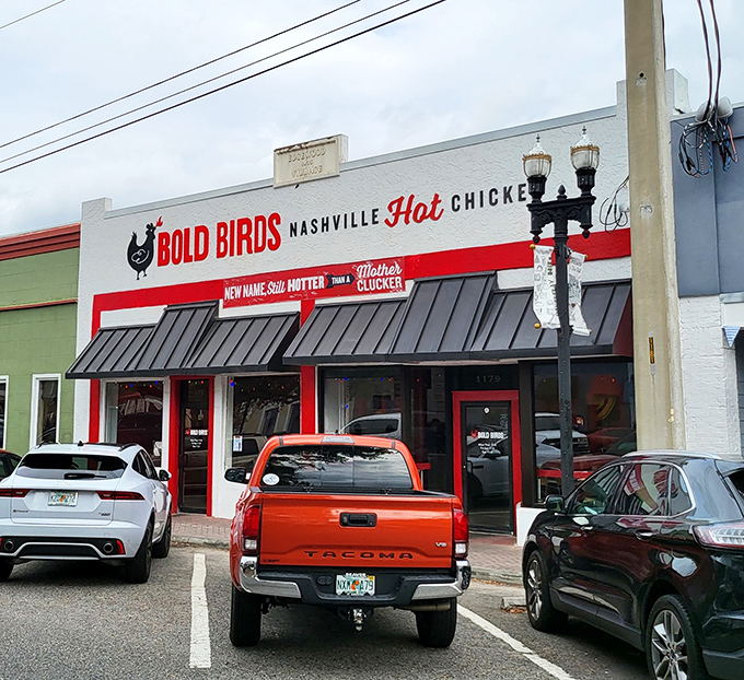 The red and white storefront announces its mission with unmistakable clarity: bringing Nashville's fiery poultry tradition to Jacksonville's hungry masses.