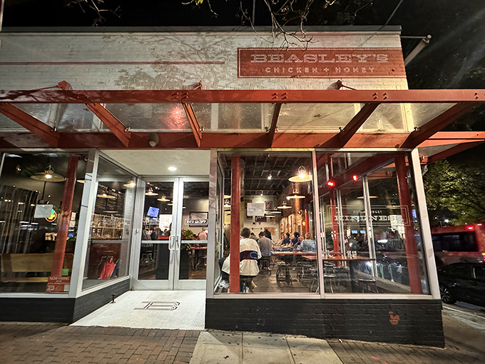 The iconic red signage against white brick announces your arrival at Beasley's – like a beacon calling all fried chicken pilgrims home.