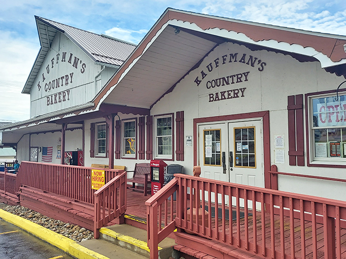 The white clapboard building with red trim stands like a beacon of carb-based hope in Amish Country. Open seven days? That's divine intervention.