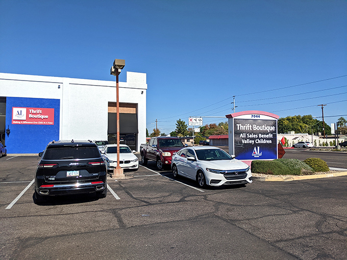 The bright blue facade stands out like a sapphire in the desert, promising air-conditioned treasure hunting inside. No mirage here&mdash;just bargains!