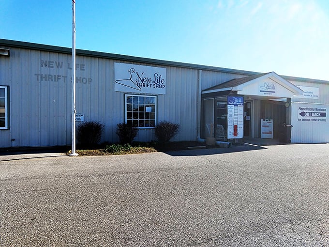 The unassuming exterior of New Life Thrift Shop in Lewes hides a treasure trove within—like finding a blockbuster movie in plain DVD packaging.