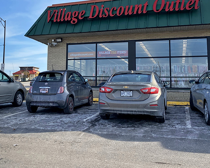 The unassuming green-roofed exterior of Village Discount Outlet belies the wonderland of treasures waiting inside. Ohio license plates fill the parking lot for good reason.