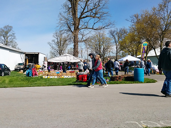 The treasure hunt begins! Vendors and shoppers mingle under cloudy Ohio skies at the Seneca County Fairgrounds, where one person's castoffs become another's prized possessions.