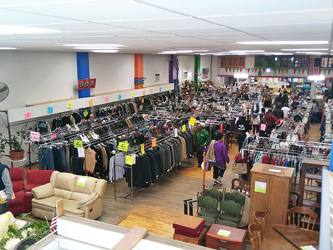 The treasure hunter's paradise unfolds before you &ndash; racks of clothing, furniture islands, and endless possibilities await in this Philadelphia secondhand wonderland.