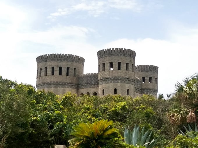 Castle Otttis emerges from Florida's coastal vegetation like a medieval mirage, its coquina stone towers standing defiantly against the bright blue sky.