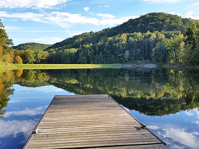 Mirror, mirror on the lake&mdash;Pine Lake's glass-like surface perfectly captures Ohio's rolling hills, creating nature's most spectacular double feature.
