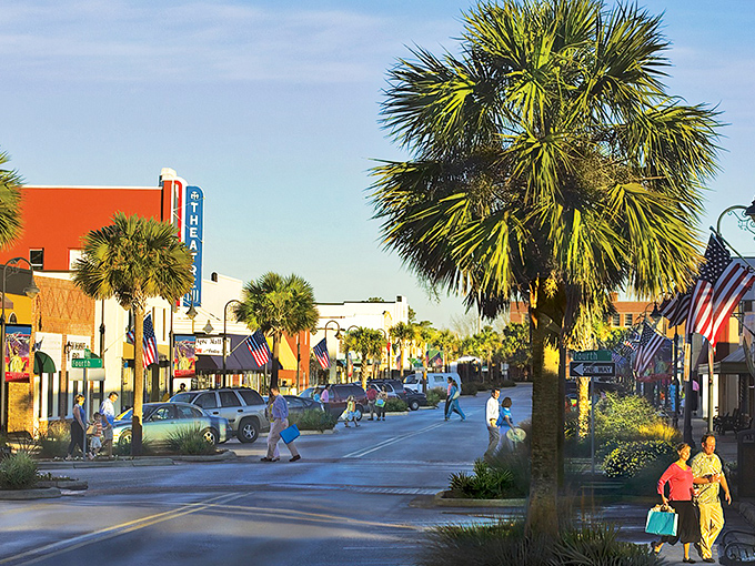 Reid Avenue welcomes visitors with its palm-lined charm and colorful storefronts. Small-town Florida at its most authentic, where people still wave to strangers.