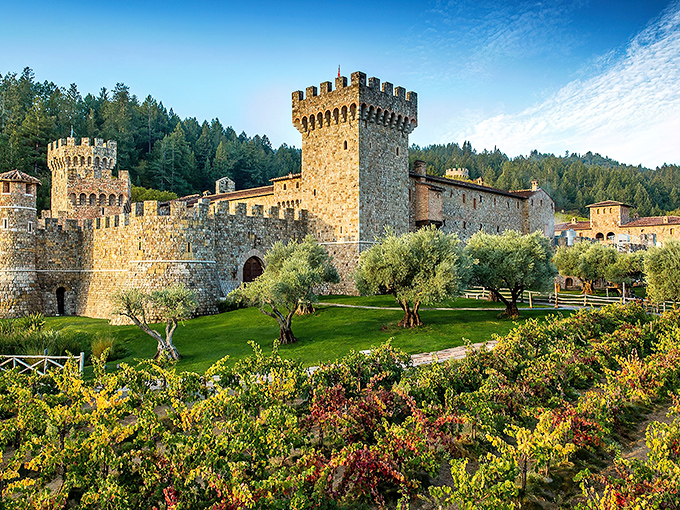 The castle entrance guarded by a stone gargoyle that looks like it might come alive after hours. Medieval fantasy meets California sunshine in this imposing entryway.